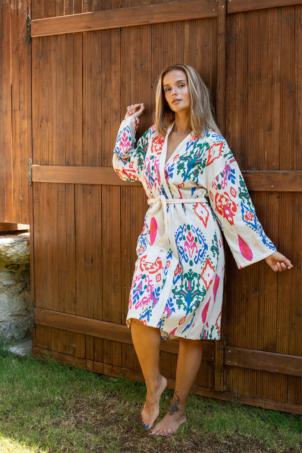 Şile Bezi Pamuklu Kimono Bornoz Etnik Mavi - Birlik 1952