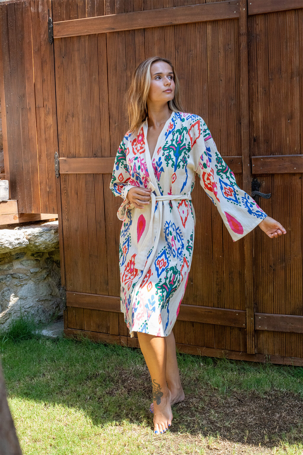 Şile Bezi Pamuklu Kimono Bornoz Etnik Mavi - Birlik 1952